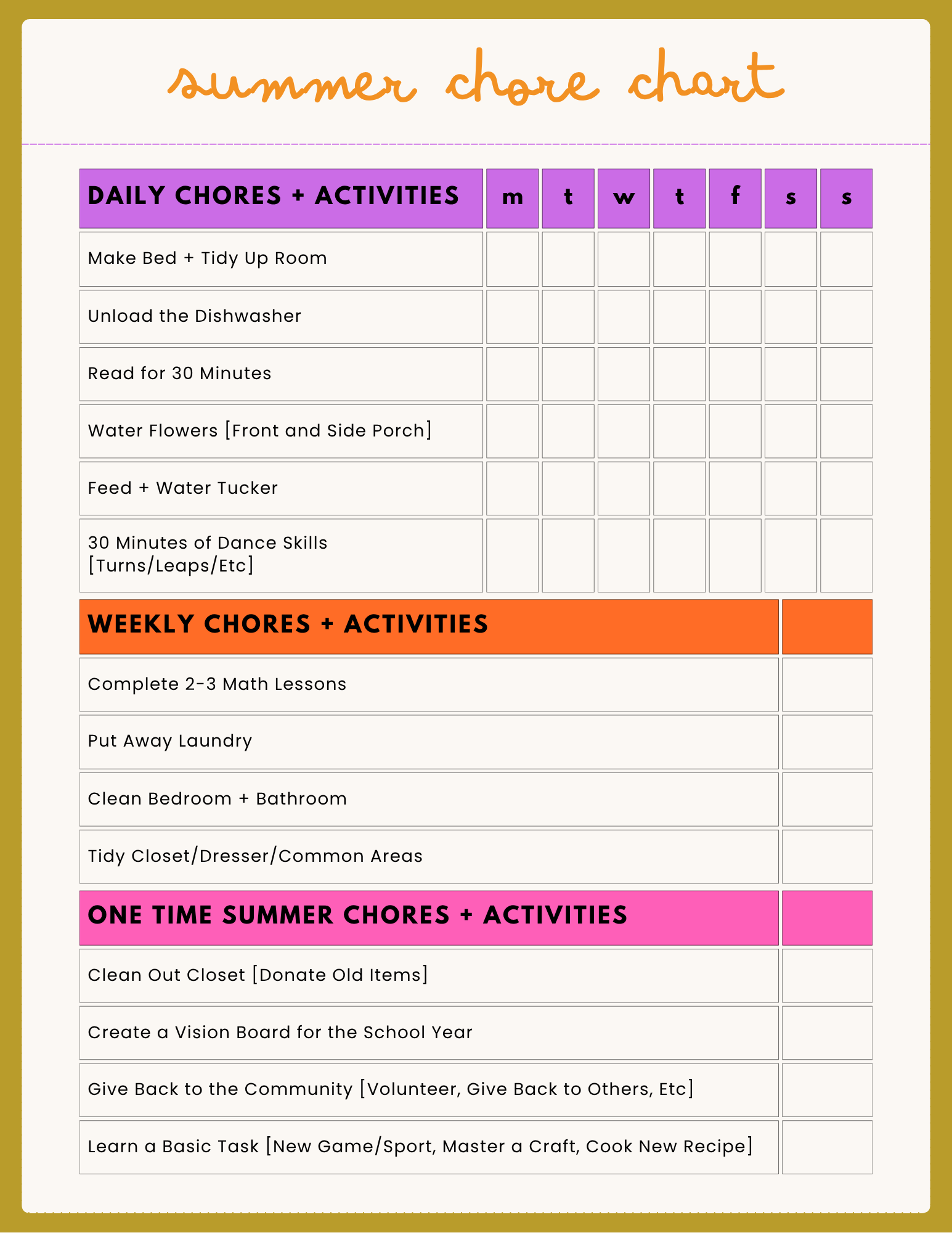 summer chore chart | keeping them busy but productive | Hello! Happiness
